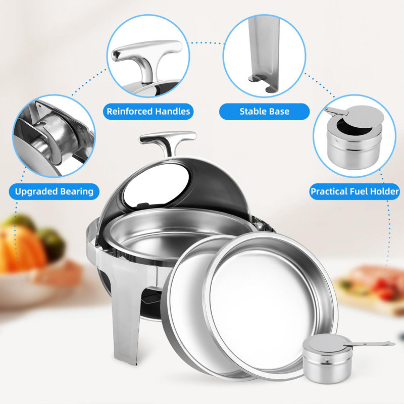 Latitude Run® Chafing Dish Buffet Set, 6.8 QT Round Stainless Steel Roll Top Chafing Server Set ...